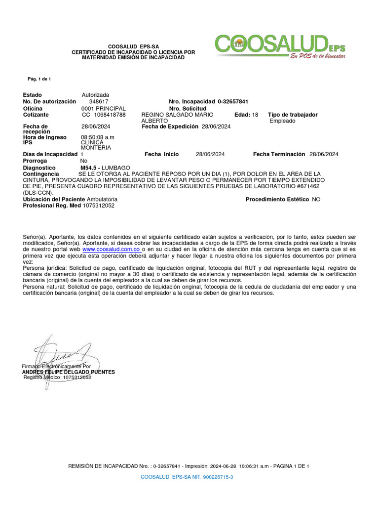 Coosalud Eps-Sa Certificado de Incapacidad O Licencia Por Maternidad Emisión de Incapacidad | PDF