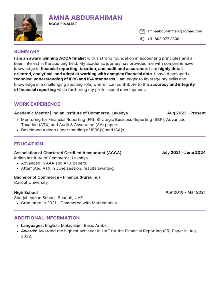 Amna Abdurahiman: Acca Finalist | PDF