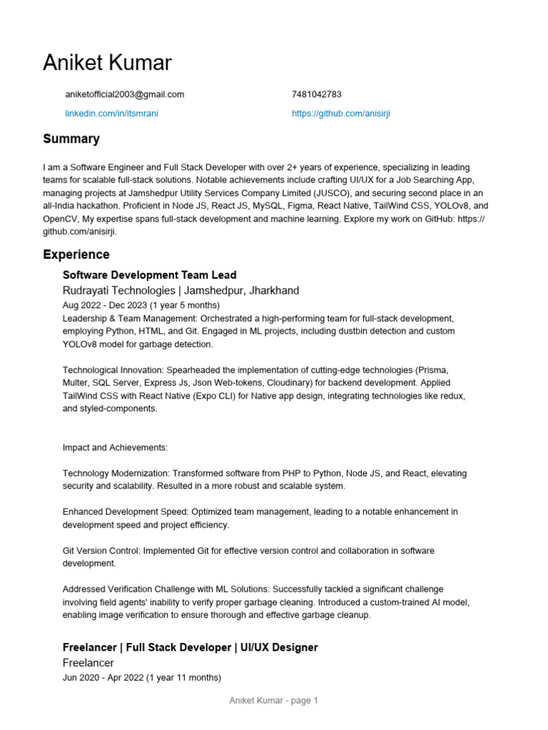 Full Stack Developer & Team Lead Profile | PDF | User Interface | Mobile App