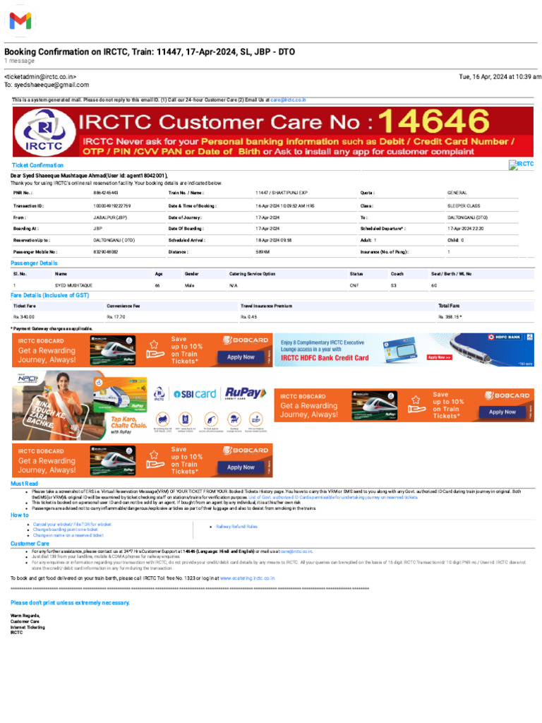 Gmail - Booking Confirmation On IRCTC | PDF | Service Industries