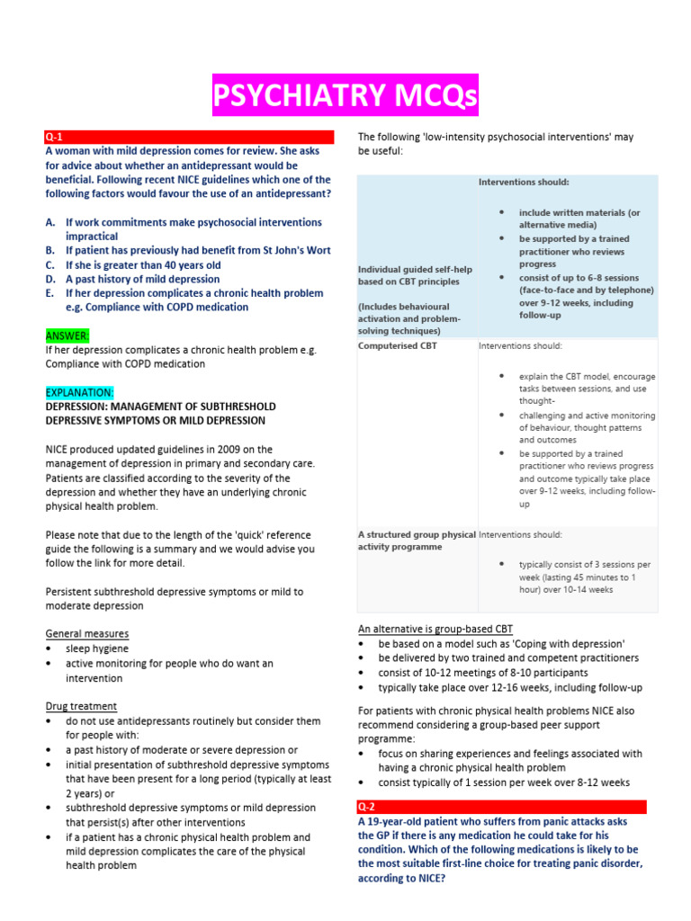 Psychiatry MCQs: Depression, Anxiety, and Antipsychotics | PDF | Major Depressive Disorder ...