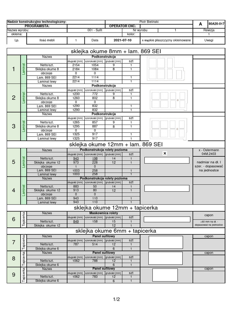 Zlecenie - Karta Technologiczna 80A20.I.017.001 - Sufit | PDF