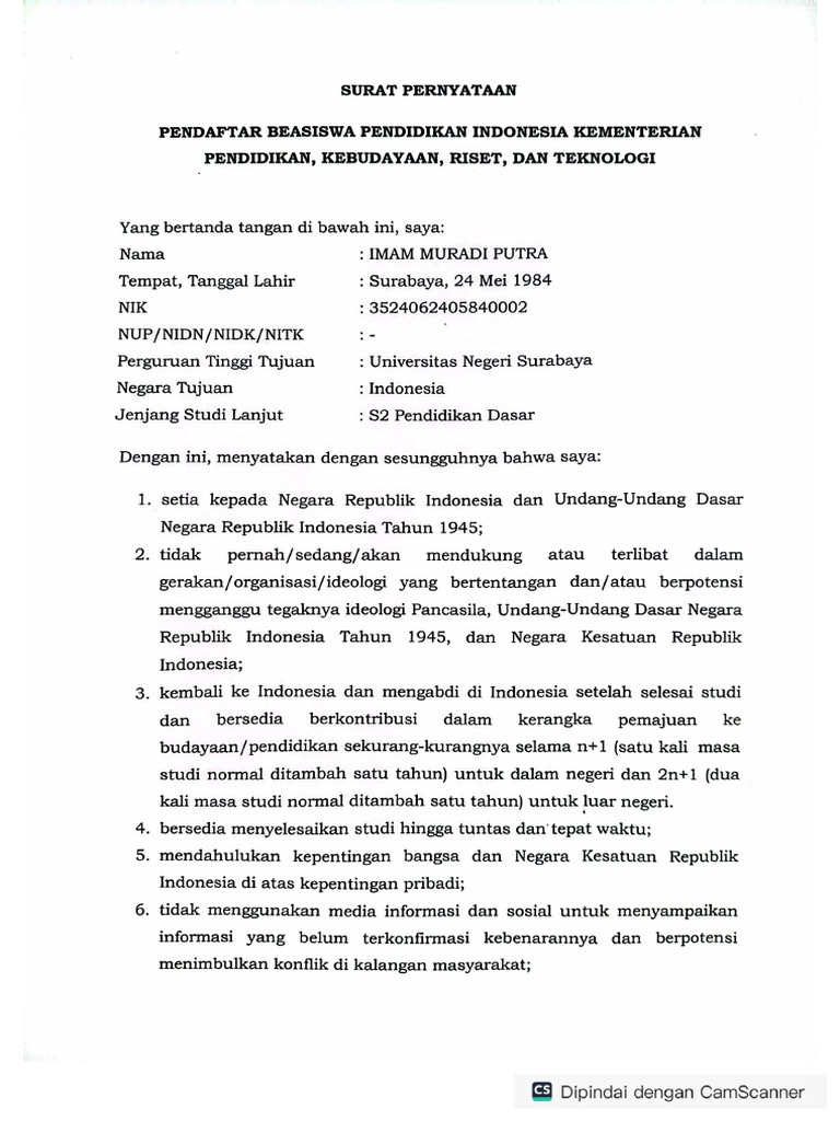 Contoh Surat Pernyataan Pendaftaran Beasiswa BPI | PDF