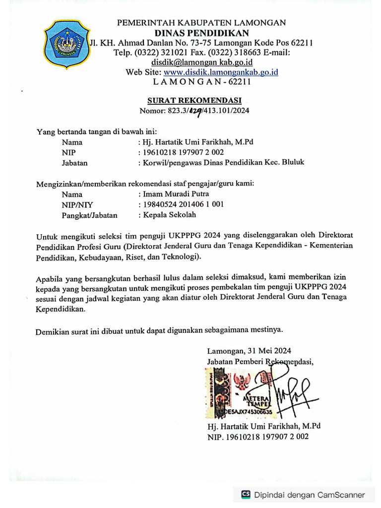 CONTOH REKOM ATASAN SELEKSI TIM PENGUJI UKPPG | PDF