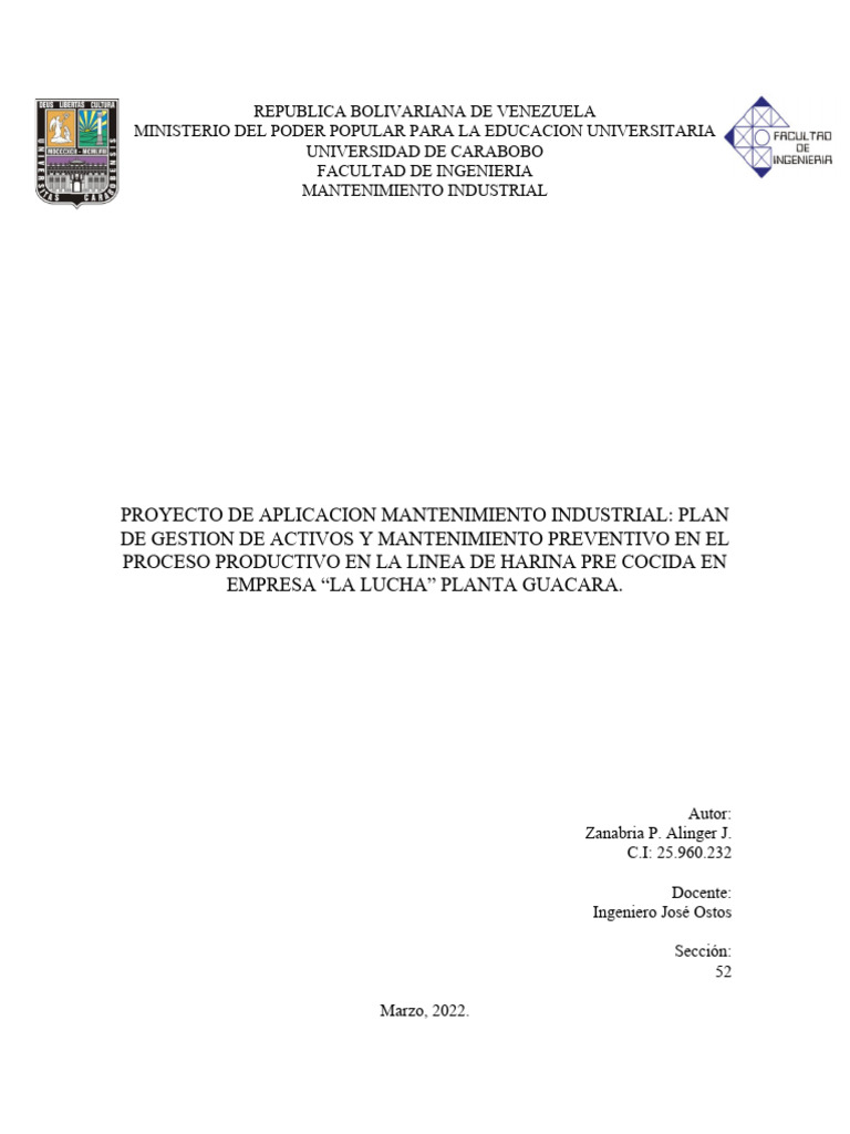 PROYECTO DE APLICACION MANTENIMIENTO INDUSTRIAL - Alinger Zanabria ... PROYECTO DE APLICACION MANTENIMIENTO INDUSTRIAL - Alinger Zanabria ...