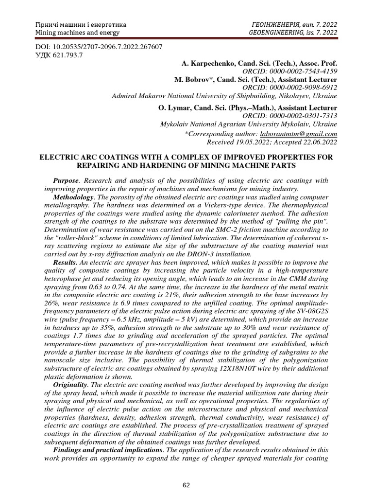 Electric Arc Coatings for Mining Machines | PDF | Wear | Materials Science