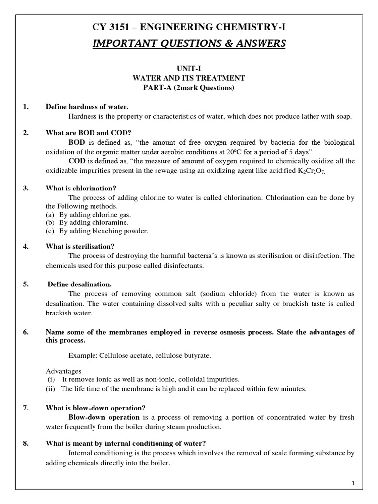 Chemistry Unit 1 Water Treatment Question Bank | PDF | Ph | Osmosis