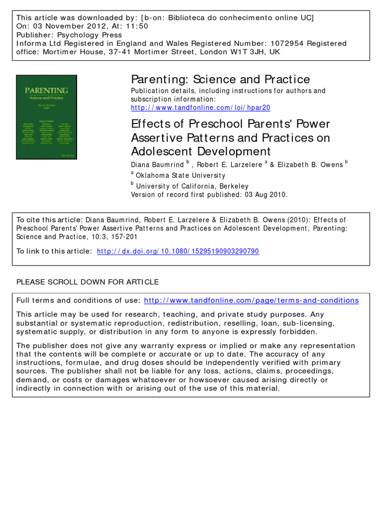 2010 - Baumrind - Parenting Science and Practice | PDF | Parenting ...
