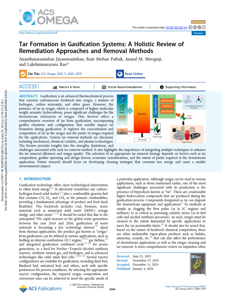Jayanarasimhan Et Al 2024 Tar Formation in Gasification Systems A ...