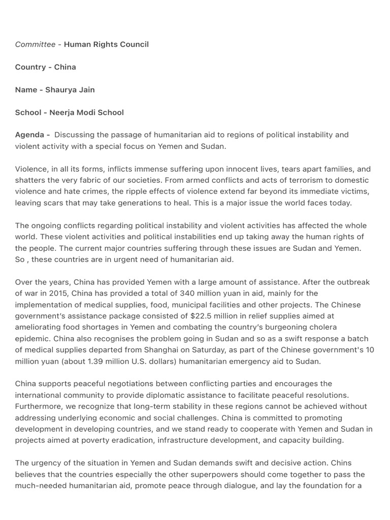 China's Humanitarian Aid for Yemen and Sudan | PDF | Aids | Violence