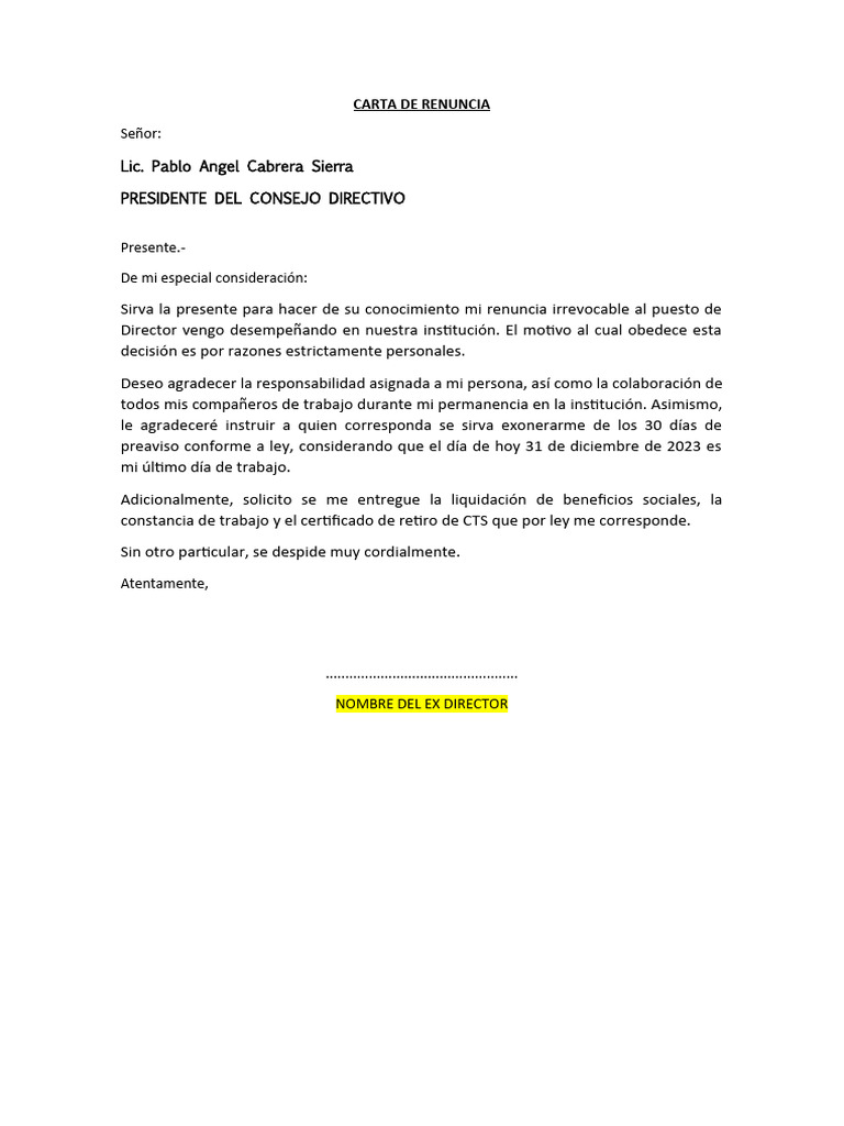 CARTA DE RENUNCIA DEL EX DIRECTOR | PDF CARTA DE RENUNCIA DEL EX DIRECTOR | PDF
