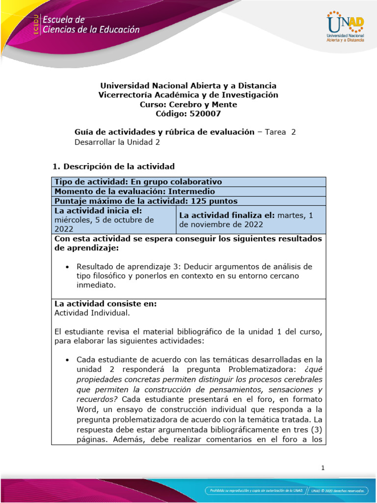Guia de Actividades y Rúbrica de Evaluación Tarea 2 - Desarrollar La Unidad - 2 | PDF ...