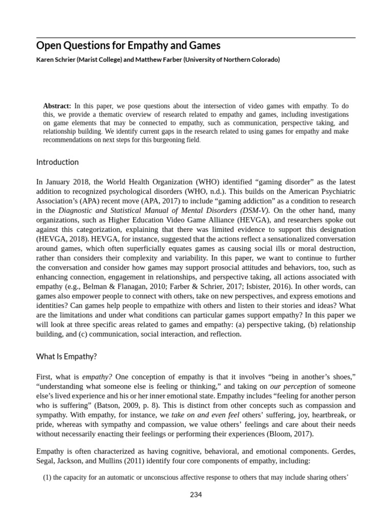 25.open Questions For Empathy and Games | PDF | Empathy | Reflective ...