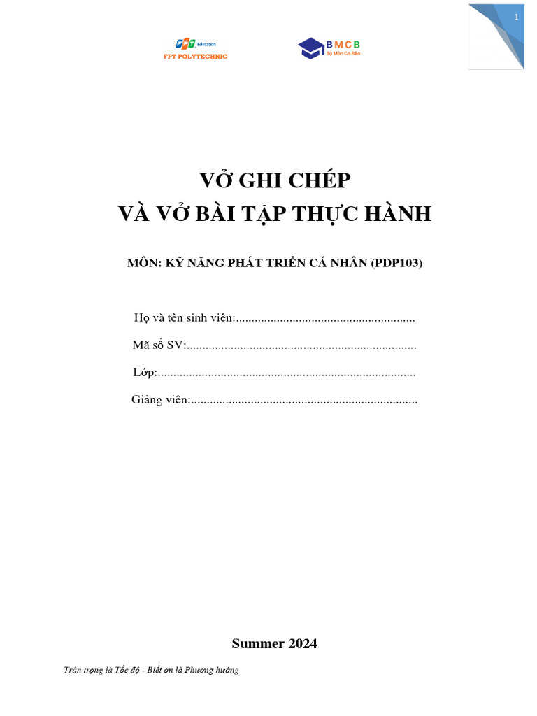 (VBT) -VỞ BÀI TẬP MÔN HỌC phát triển cá nhân | PDF