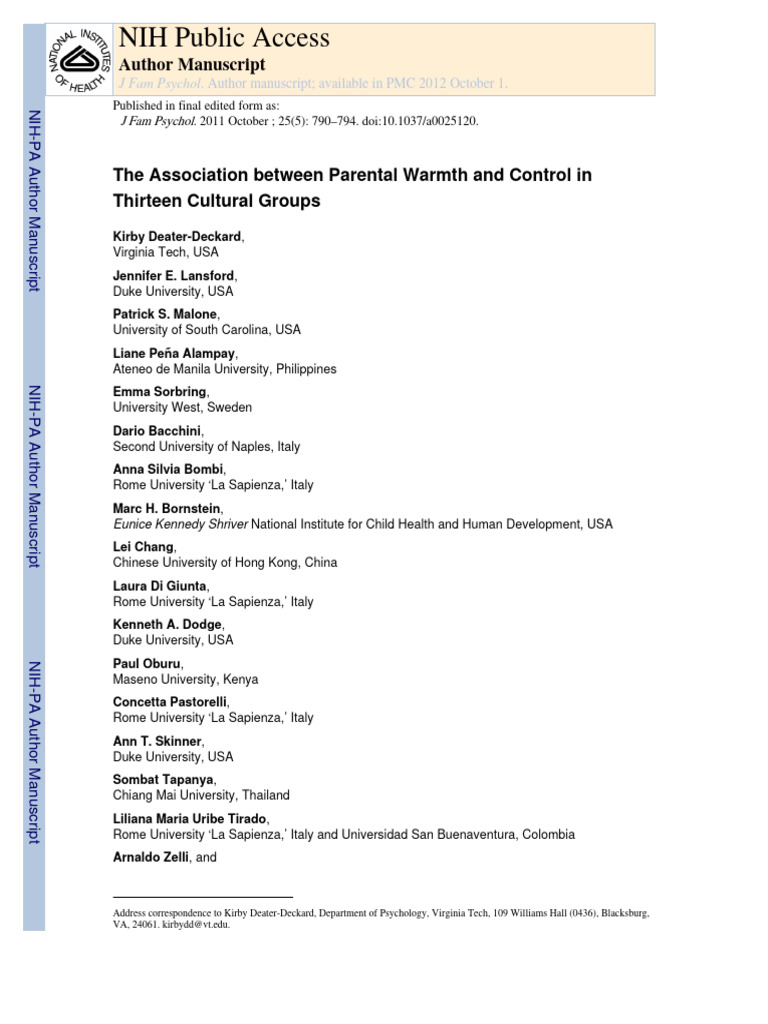 2011 - Bornstein - The Association Between Parental Warmth and Control | PDF | Variance | Parenting