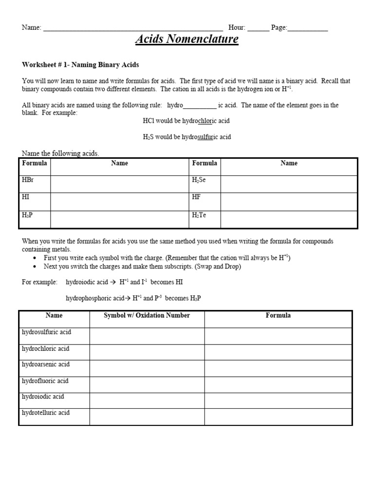 Acids Nomenclature Worksheet | PDF | Acid | Sulfuric Acid