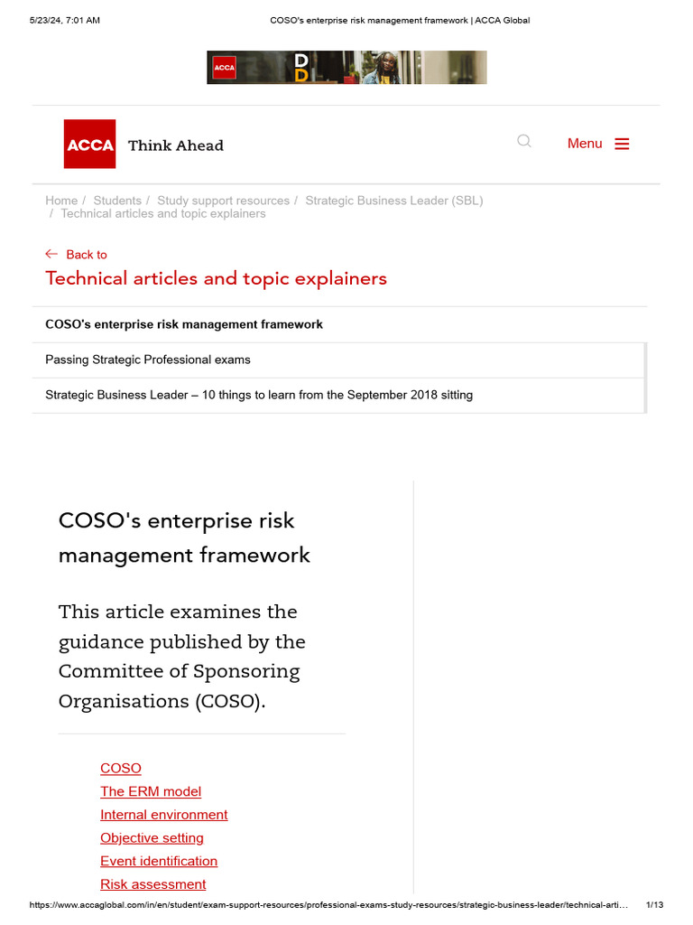 COSO's Enterprise Risk Management Framework - ACCA Global | PDF | Enterprise Risk Management | Risk