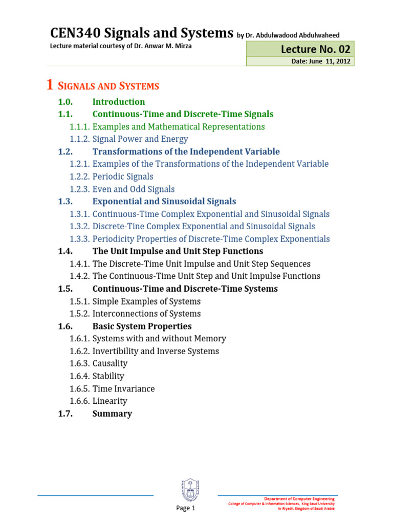Signals and Systems Lecture 2 | PDF | Mathematical Analysis | Applied ...