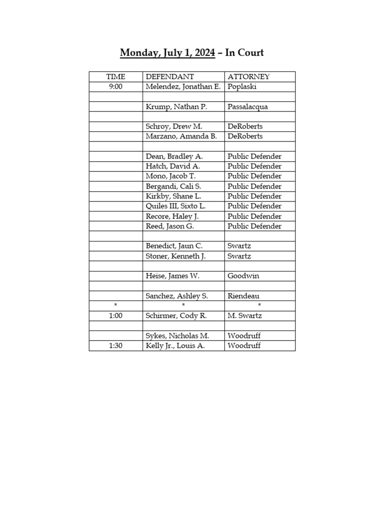 Jefferson County Court Calendar July 1, 2024 | PDF