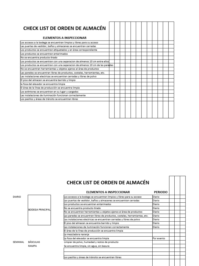 CHECK LIST SEMANAL ORDEN DE ALMACEN | Descargar gratis PDF | Almacén
