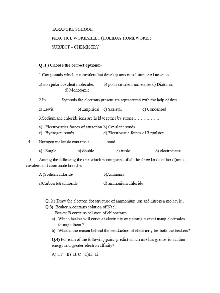 Holiday Homework Chemistry Class X | PDF | Chemical Bond | Ionic Bonding