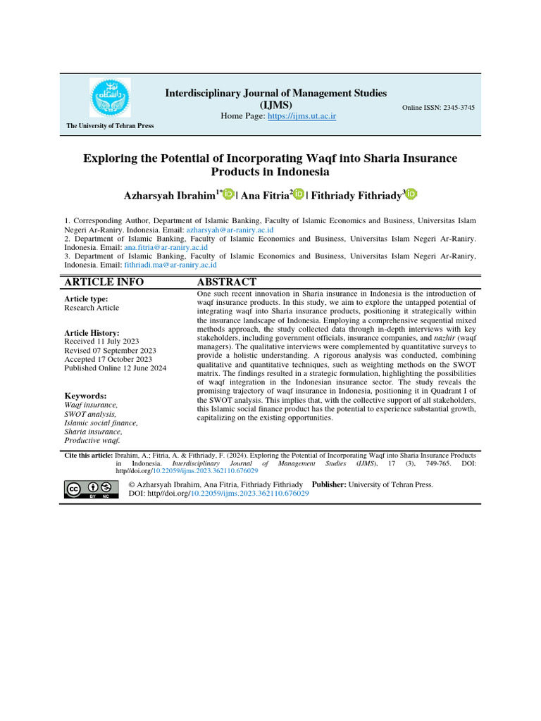 Exploring The Potential of Incorporating Waqf Into Sharia Insurance Products in Indonesia | PDF ...