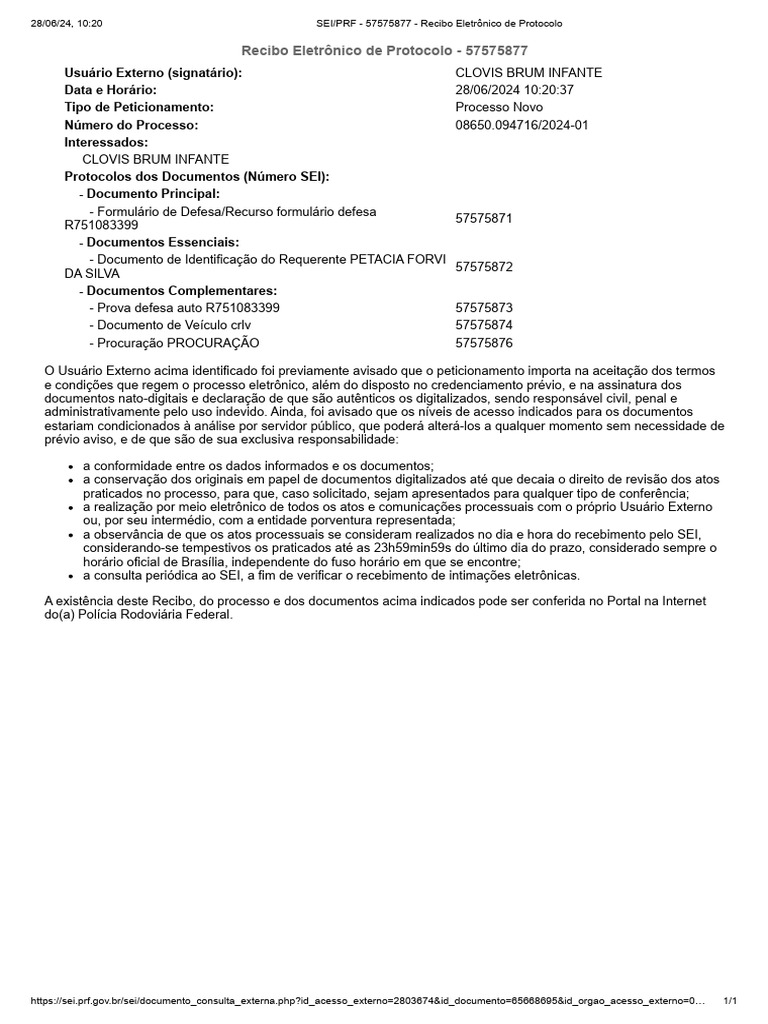 Protocolo Eletrônico PRF: Processo 08650.094716/2024-01 | PDF
