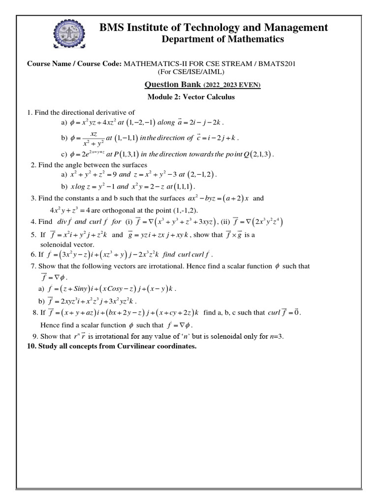 BMATS201 Mathematics II Question Bank | PDF | Teaching Methods & Materials