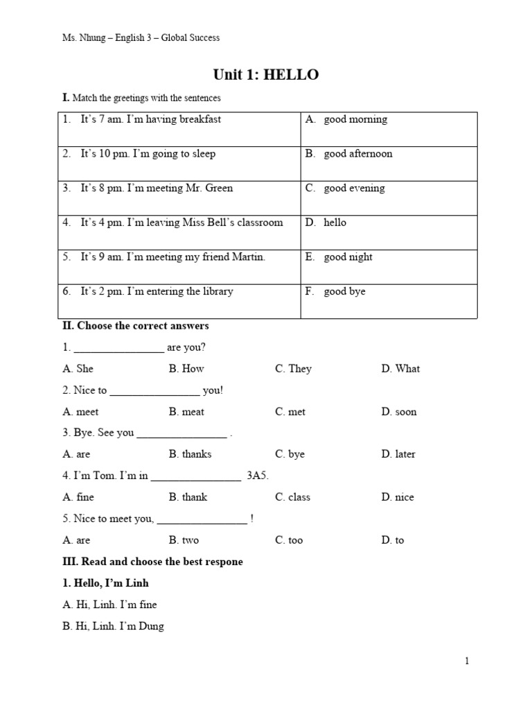 Bai Tap Tieng Anh Lop 3 Unit 1 Hello Sach Global Success | PDF | Language Arts & Discipline ...