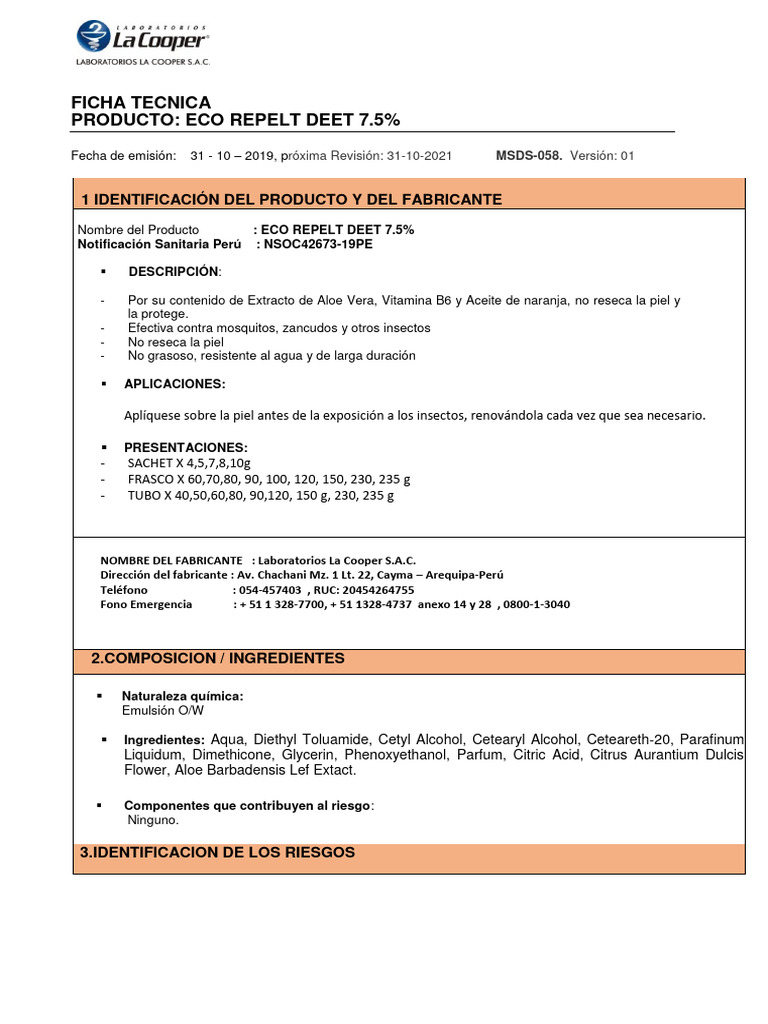 Ficha Tecnica Ecorepelt Deet 7.5% | PDF | Agua | Incendios