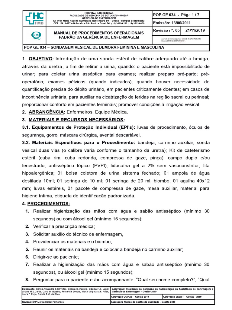 POP GE 034 Sondagem Vesical de Demora Feminina e Masculina | PDF ...