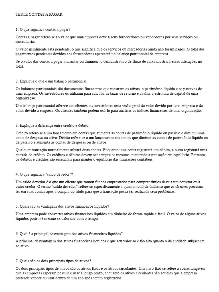 Teste Contas A Pagar | PDF | Contabilidade | Balancete