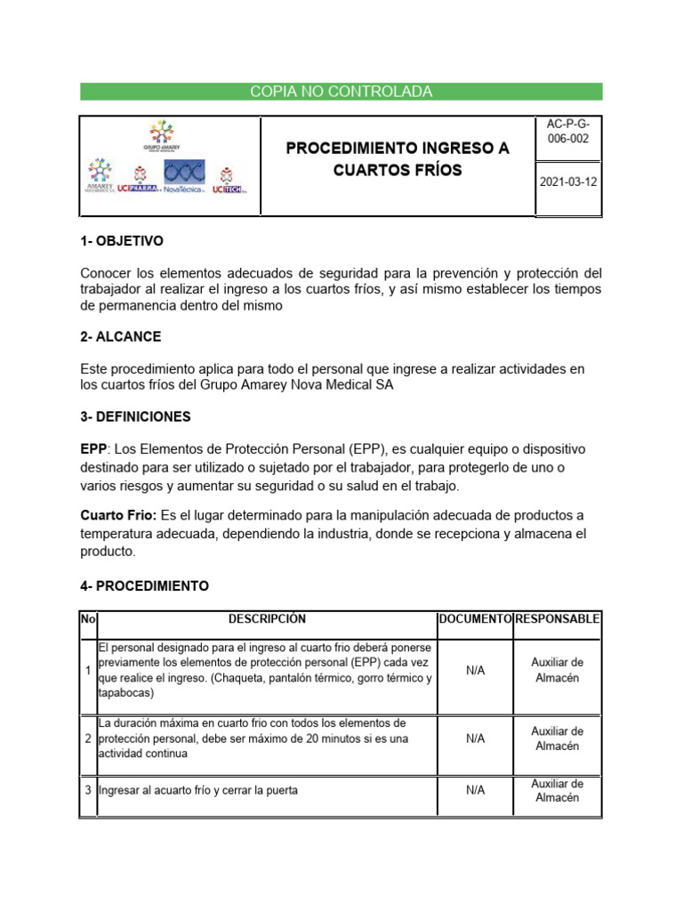 EPP para Ingreso a Cuartos Fríos | PDF