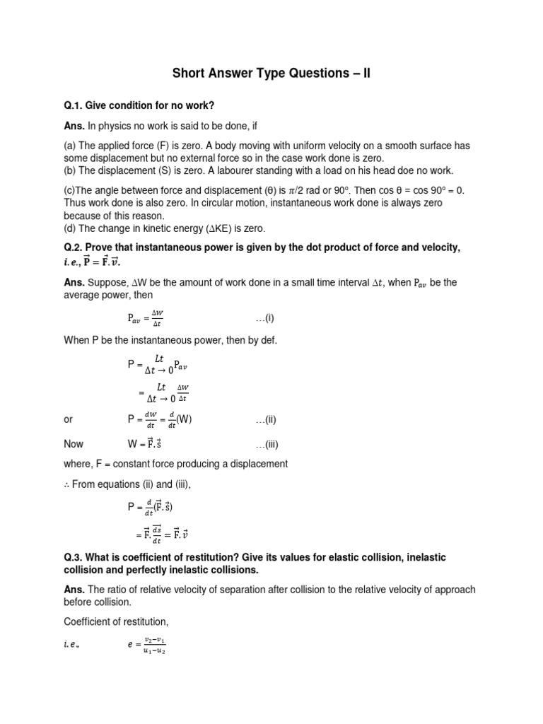 Short Answer Type Questions - II | PDF | Collision | Force