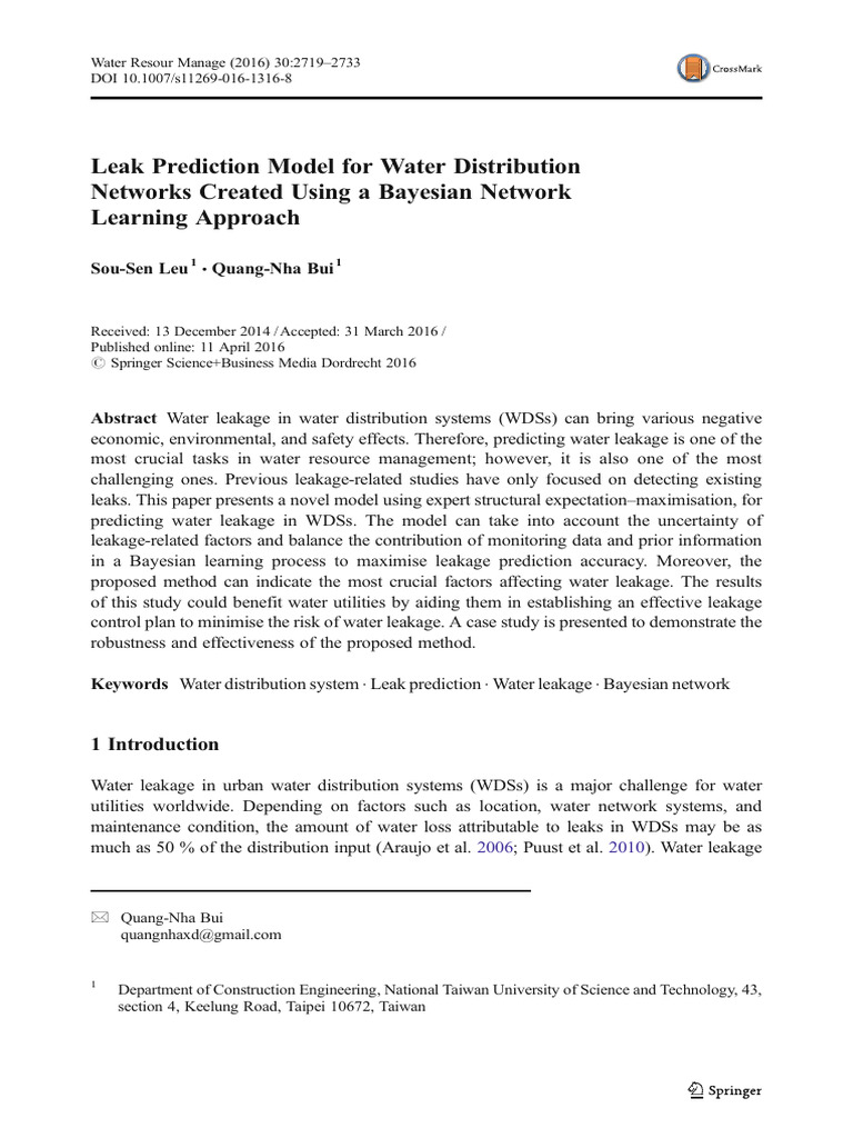 Leak Prediction Model For Water Distribution Networks Created Using A Bayesian Network Learning ...