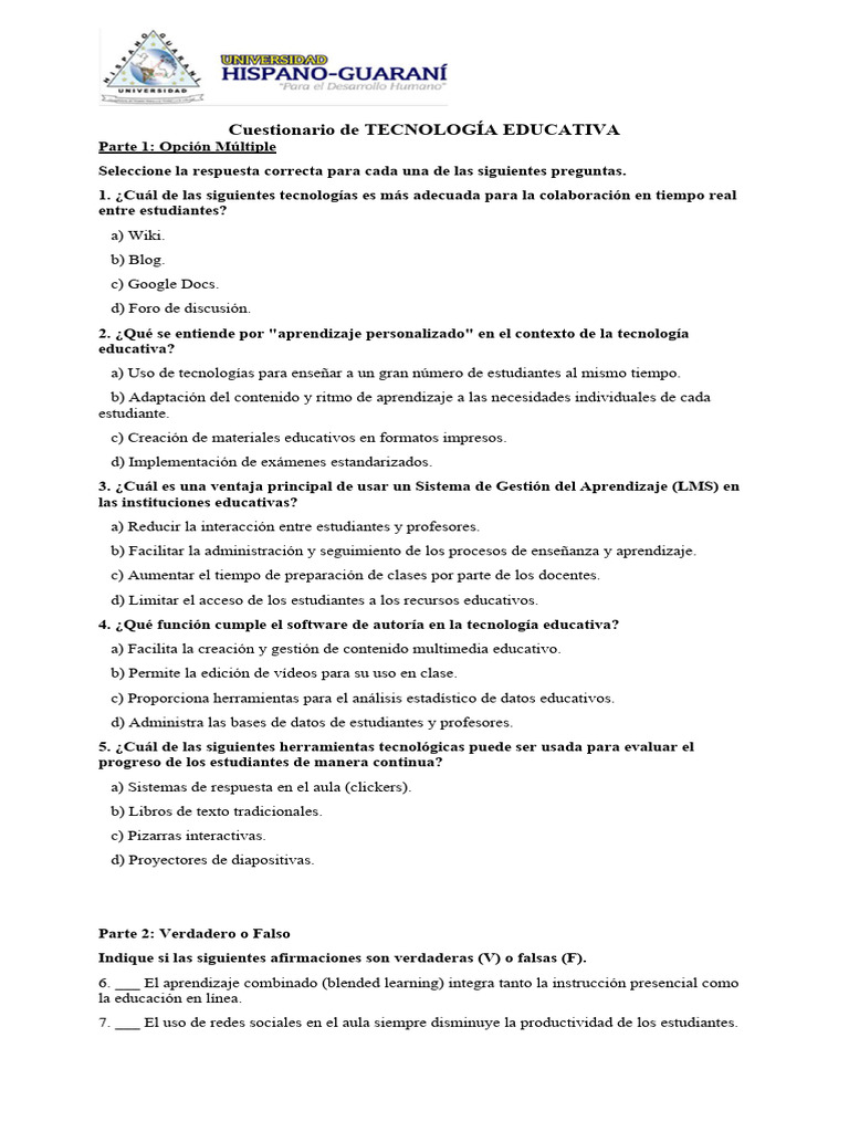 Cuestionario de TECNOLOGÍA EDUCATIVA 1 | PDF | Tecnologia Educacional ...