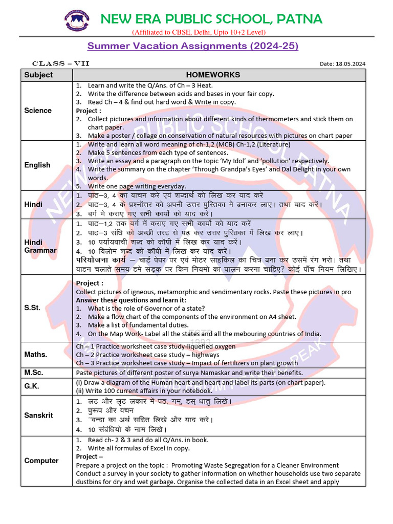Class 7 Summer Vacation Homework 2024 | PDF