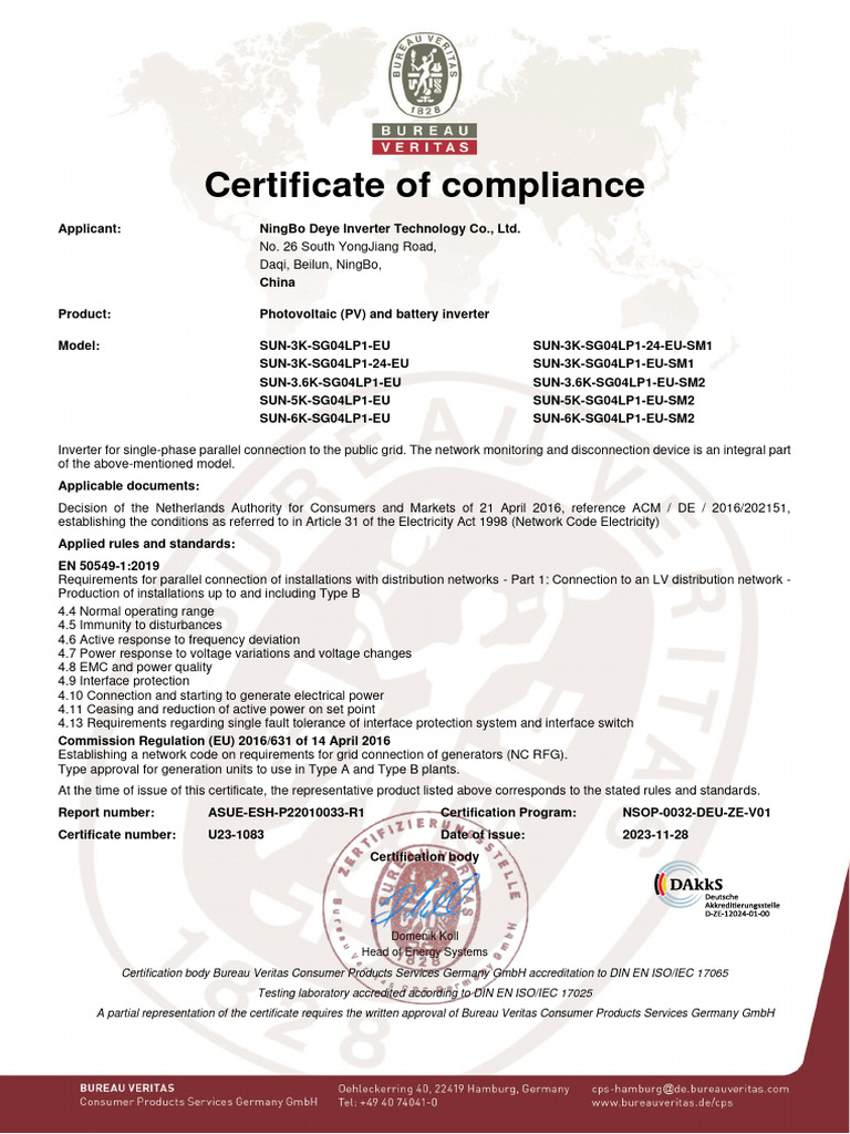 CERTIFICAT DEYE HYBRID SUN 3 3.6 5 6k MONO | PDF | Power Inverter ...