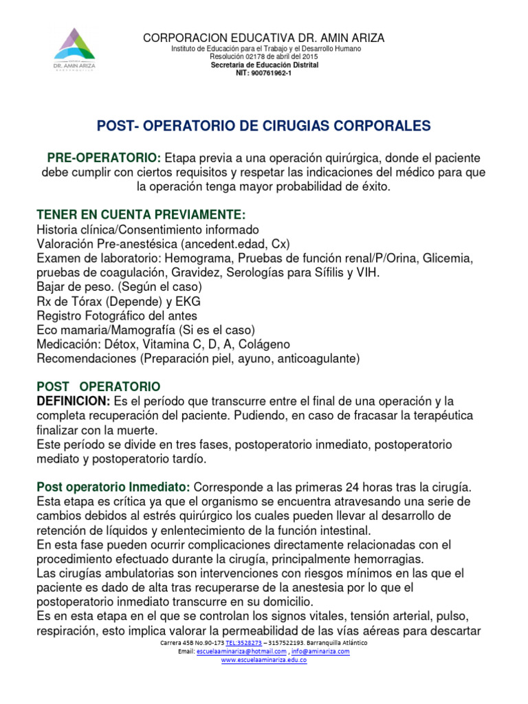 TEORIA POST OPERATORIO CORPORAL PDF | PDF | Pecho | Medicina CLINICA