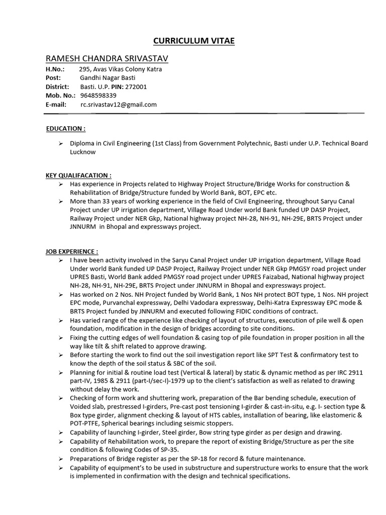 CV - Ramesh C Srivastav | PDF | Foundation (Engineering) | Concrete