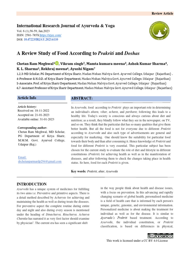 A Review Study of Food According To Prakritiand Do | PDF | Ayurveda
