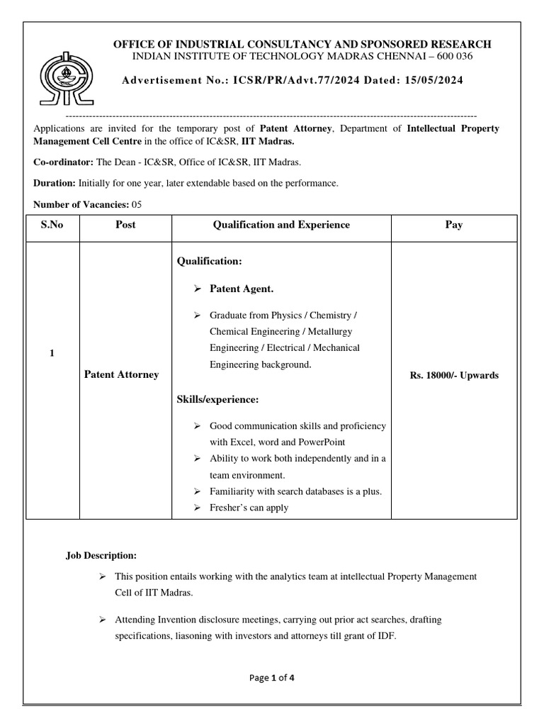 Announcement For The Post of Patent Attorney - Advt - 77 - 2024 | PDF ...