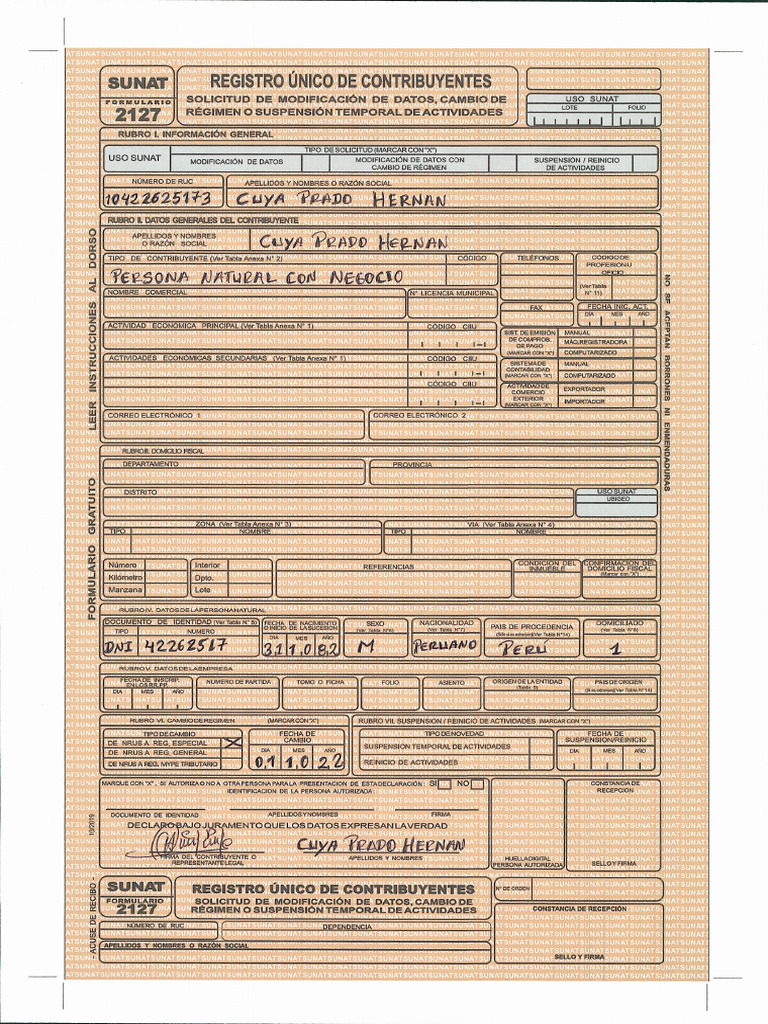 Formulario 2127 Ruc 10422625173 | PDF