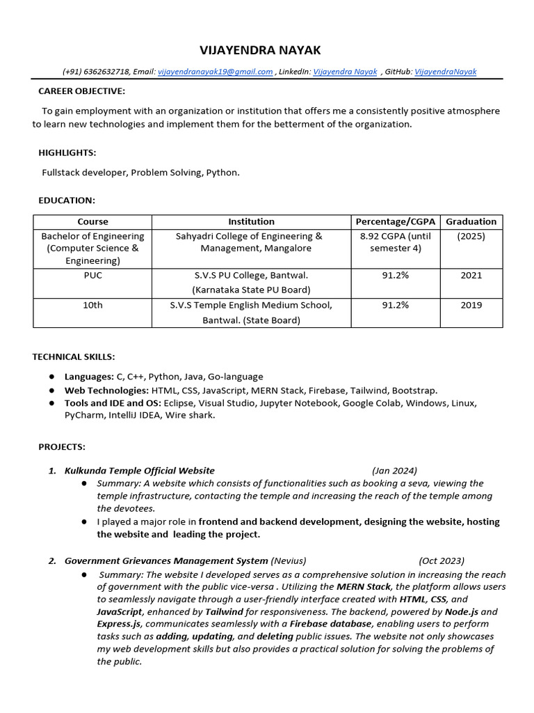 Vijayendra Nayak - Resume | PDF | Computing | Software