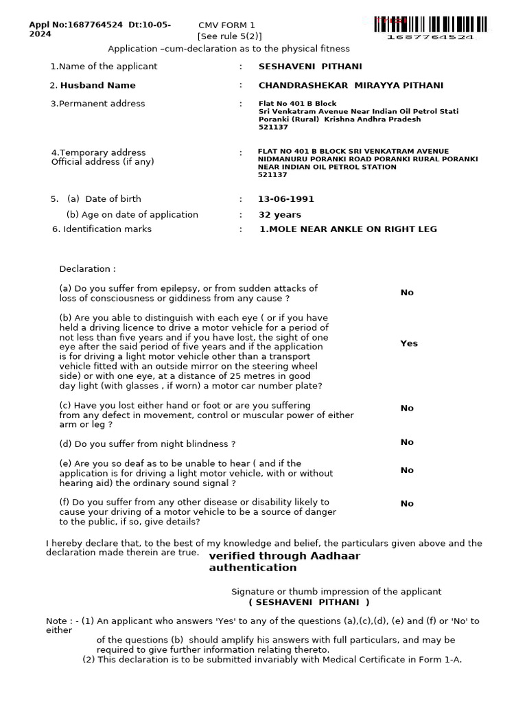 New Driving Learning License - Self Declaration Form | PDF