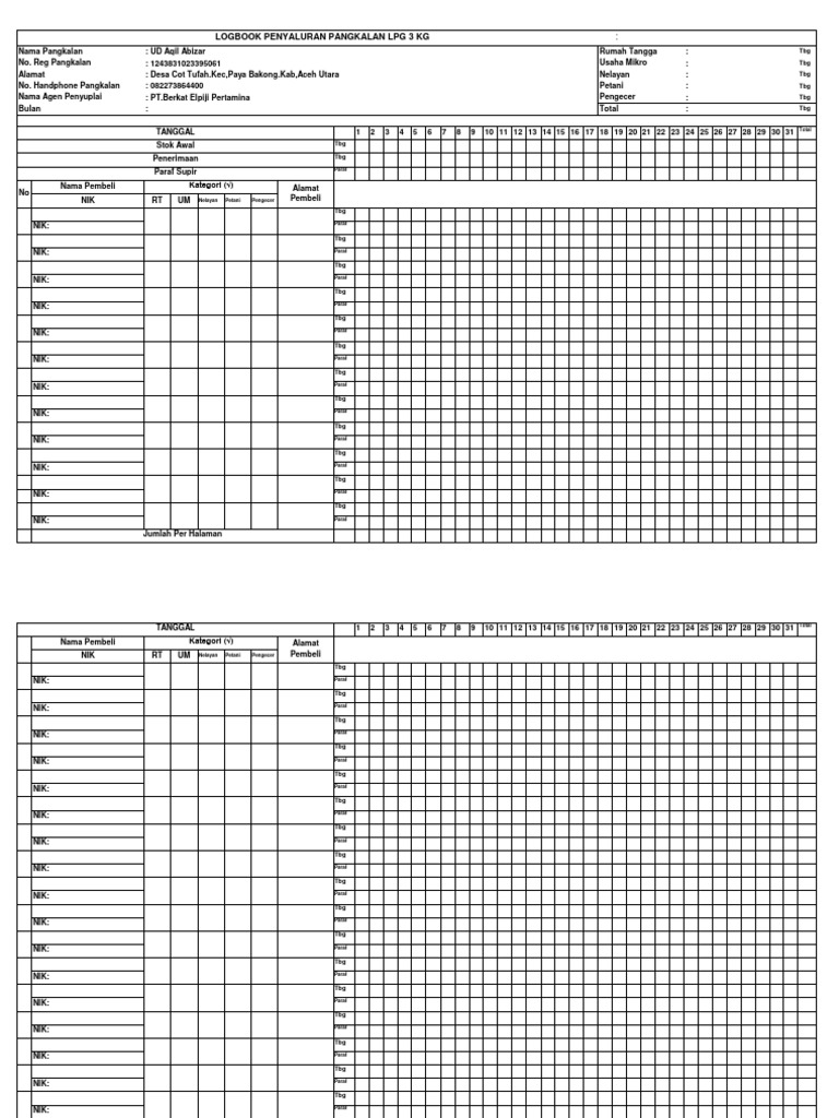 Form Log Book Pangkalan LPG 3 KG Revisi 30 12 23-2 | PDF