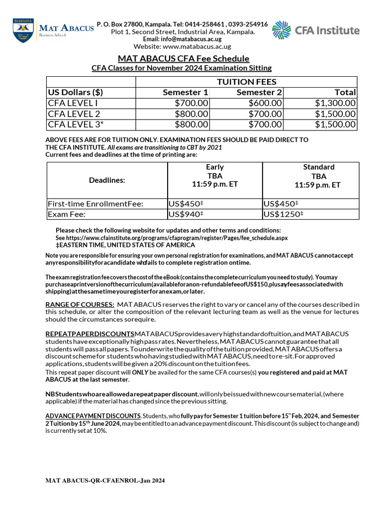 J24 MAT ABACUS CFA Fee Schedule | PDF | Payments | Fee