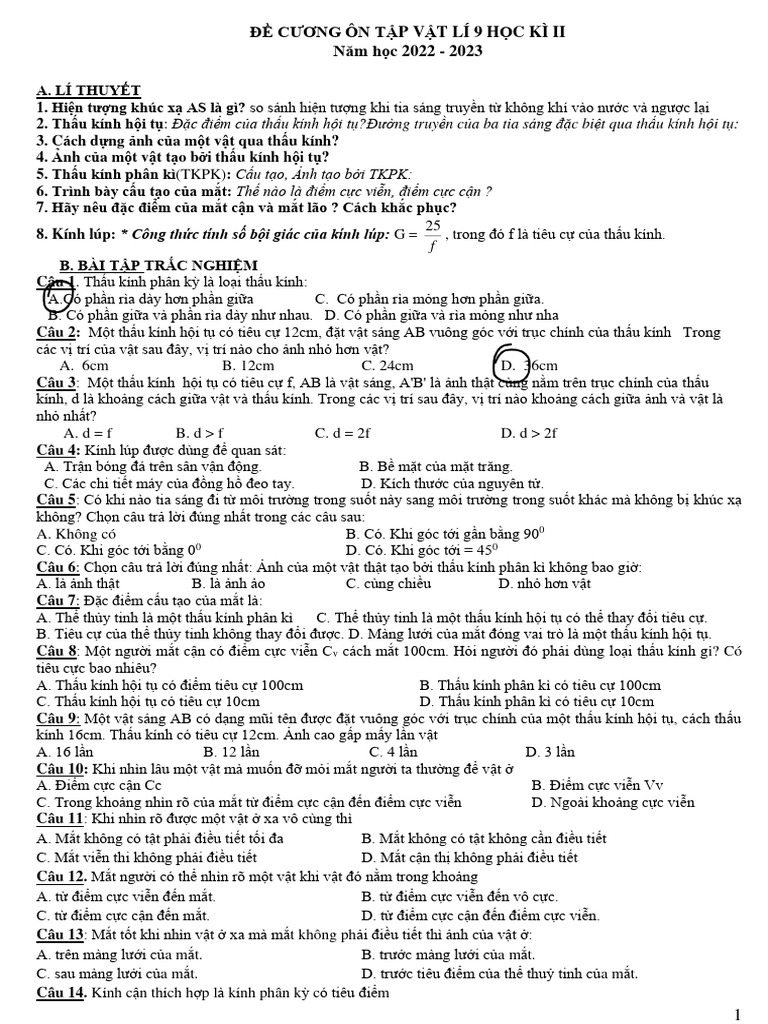 De Cuong On Tap Vat Ly 9 Hkii 22-23 | PDF