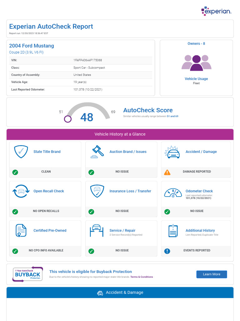 Welcome To AutoCheck - Full Report | PDF | Vehicles | Department Of ...