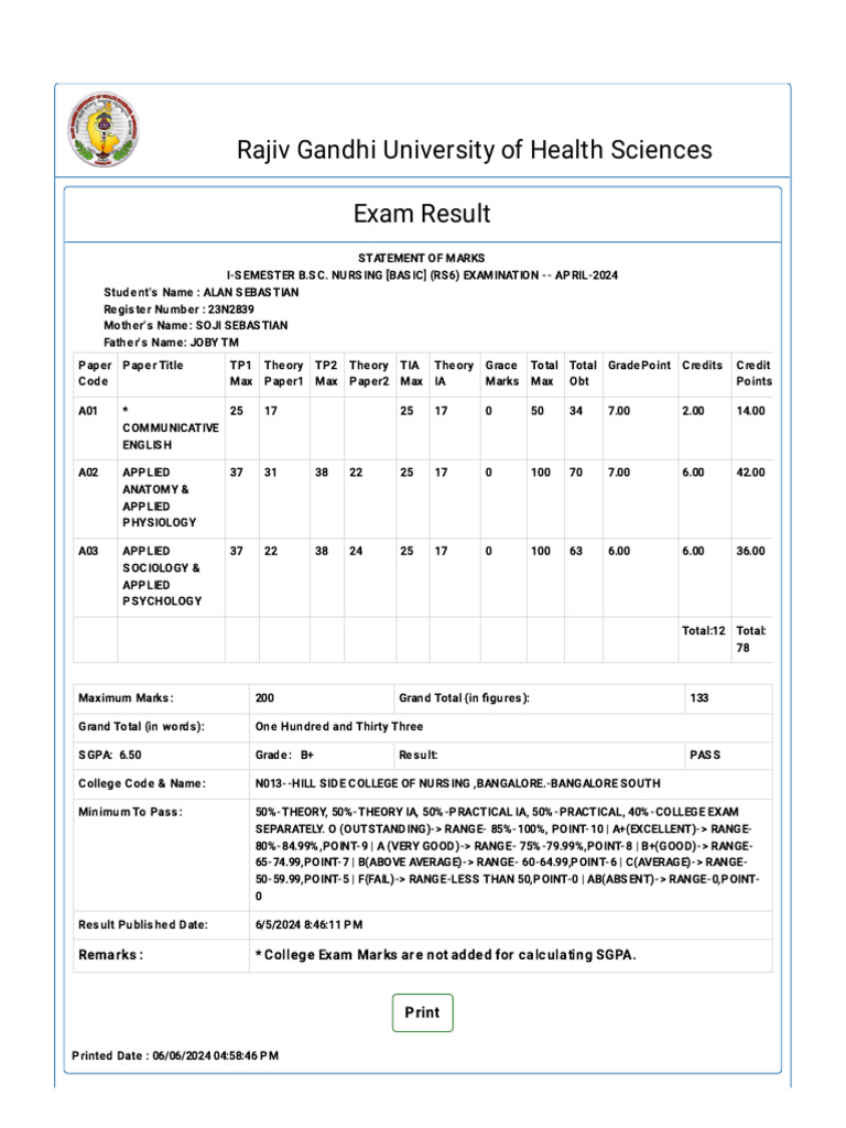 1st Sem Result | PDF